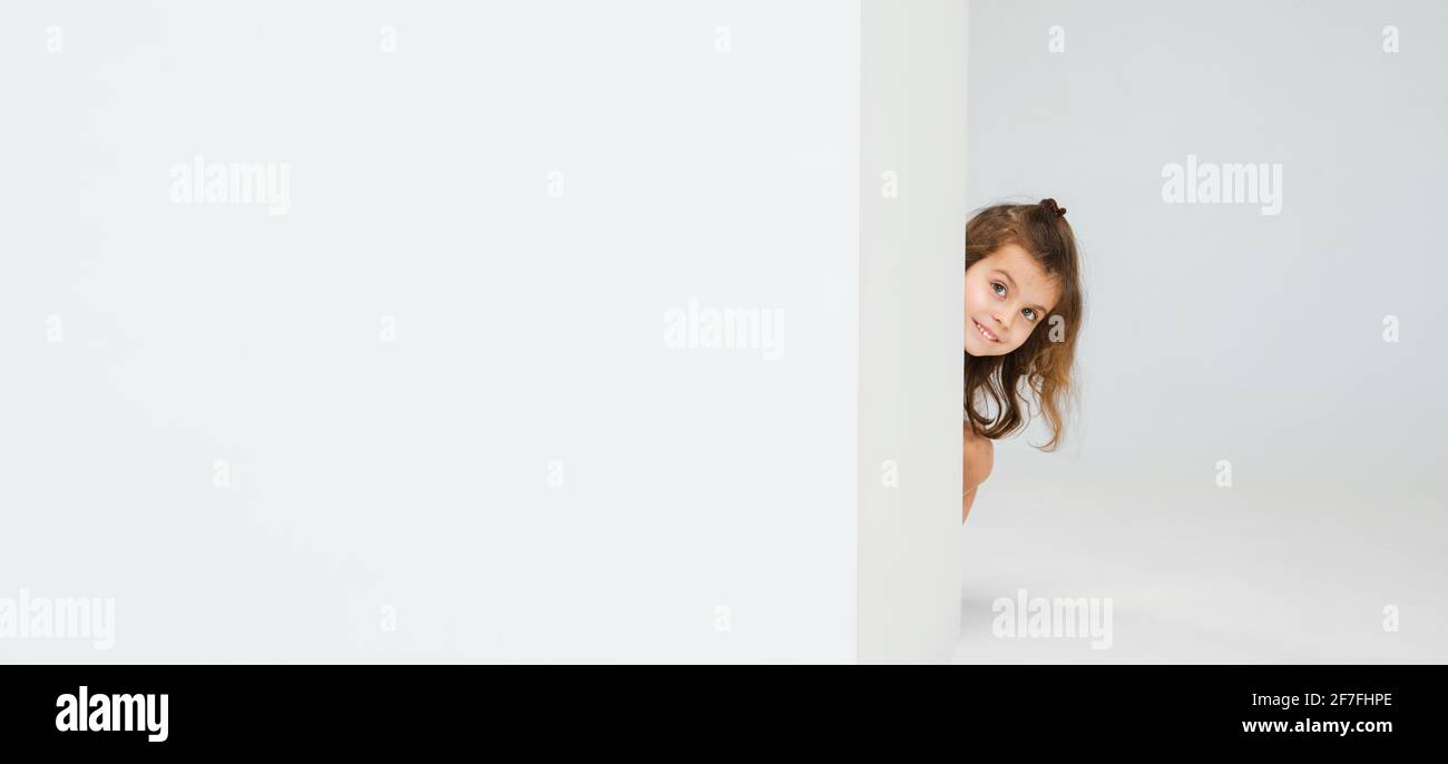 Pretty caucasian girl portrait isolated on white studio background with ...