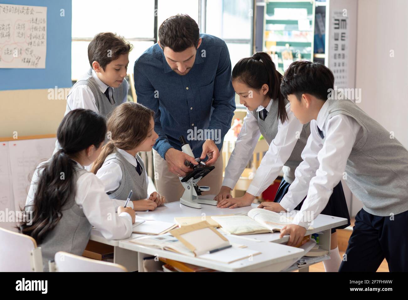 Students using microscope in classroom Stock Photo - Alamy