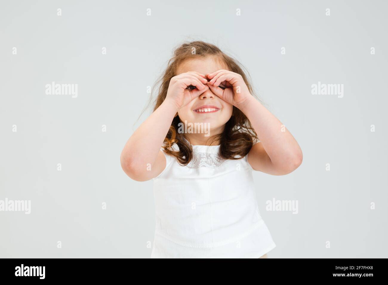 Pretty caucasian girl portrait isolated on white studio background with ...