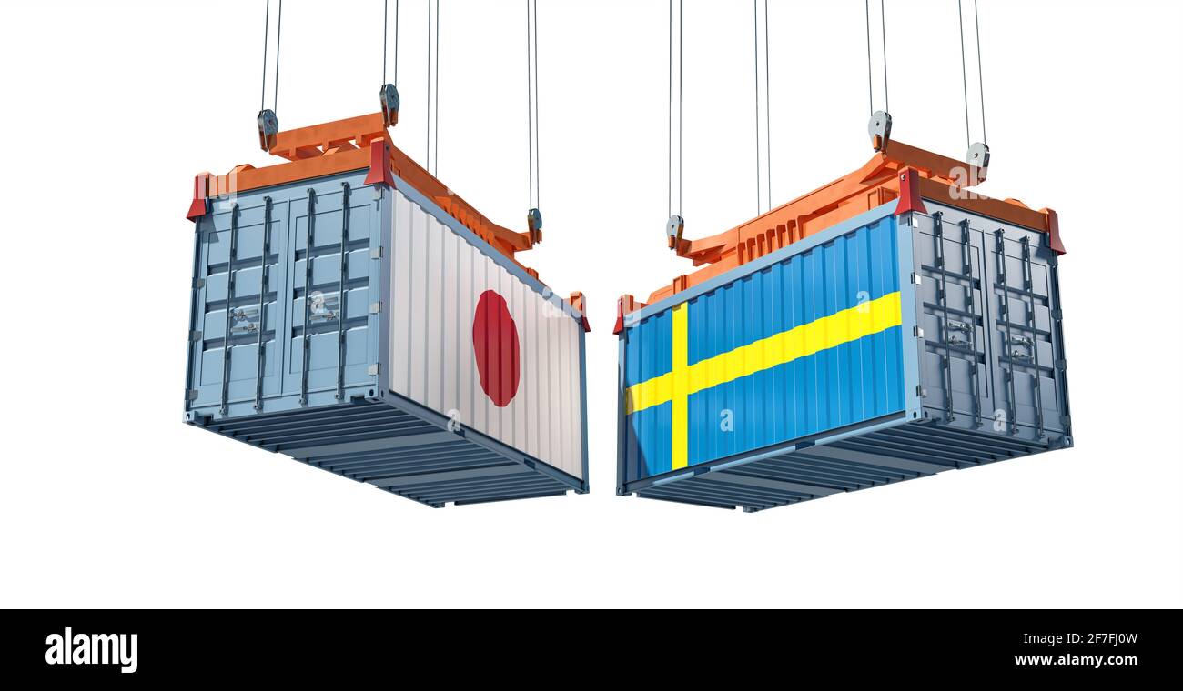 Freight containers with Sweden and Japan flag. 3D Rendering Stock Photo ...