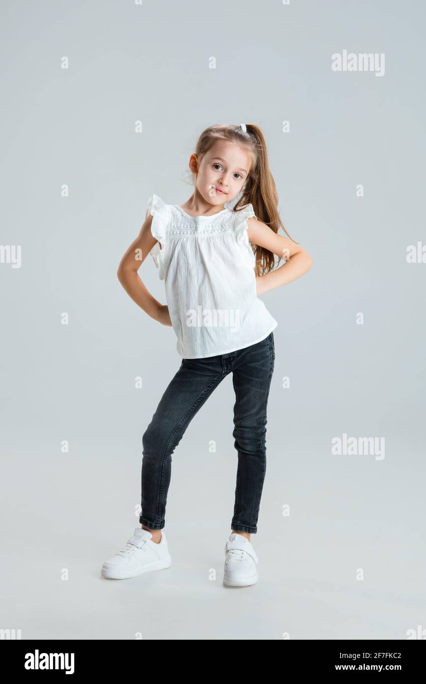 Pretty caucasian girl portrait isolated on white studio background with ...
