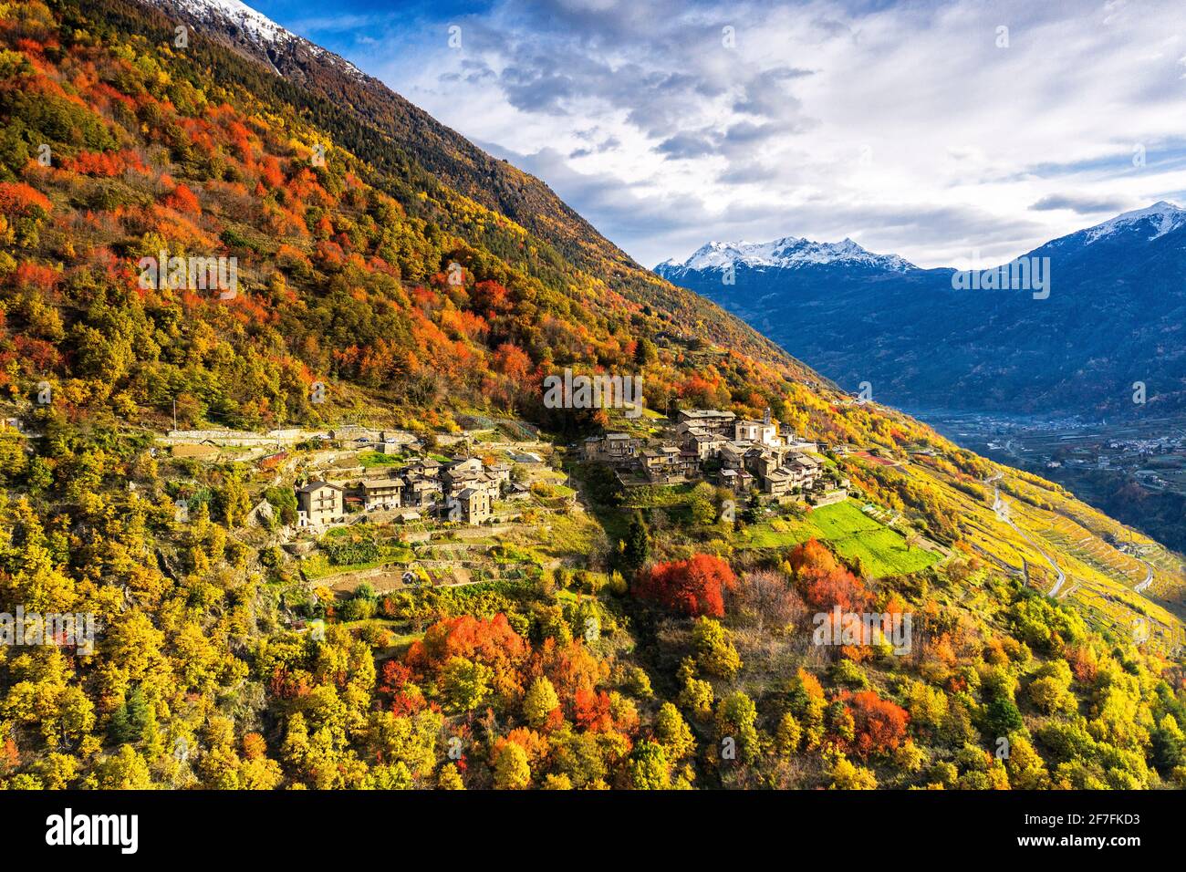 Aerial view of traditional village, Valtellina, Lombardy, Italy, Europe ...