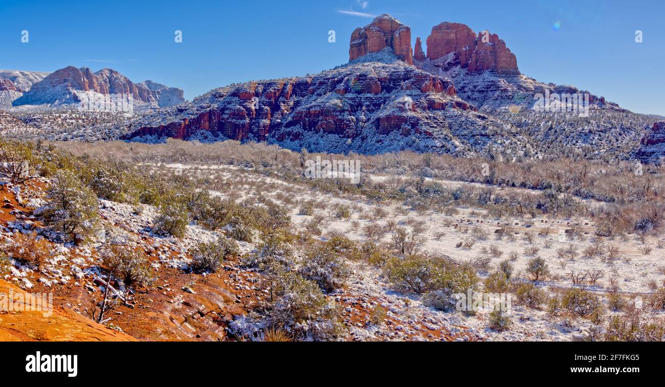 Panorama of Cathedral Rock covered in winter snow and ice, Sedona ...