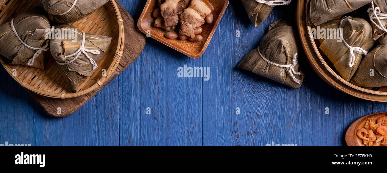 Zongzi rice dumpling with ingredients top view for Chinese traditional ...