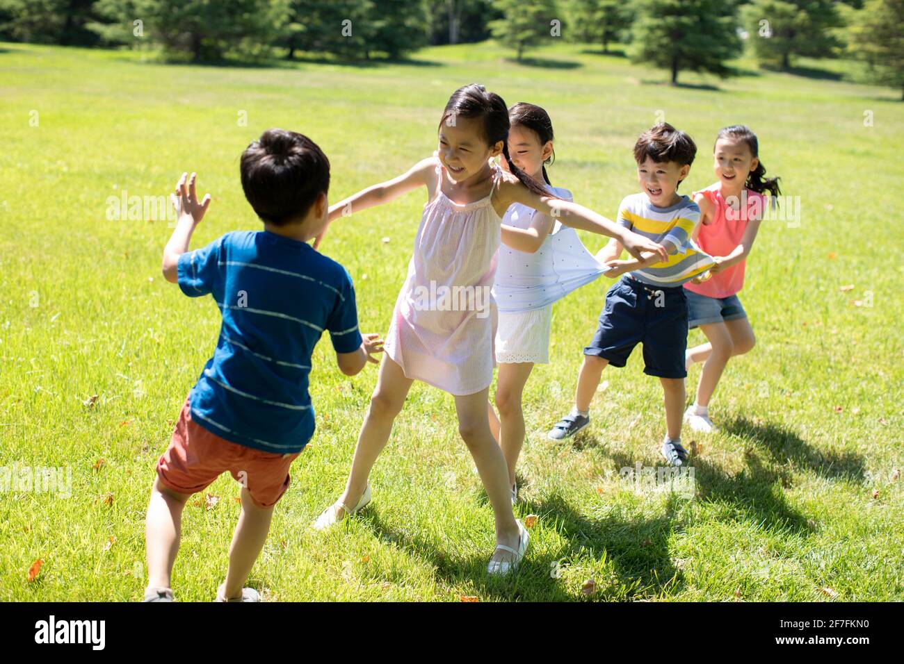 Happy children playing games on meadow Stock Photo - Alamy