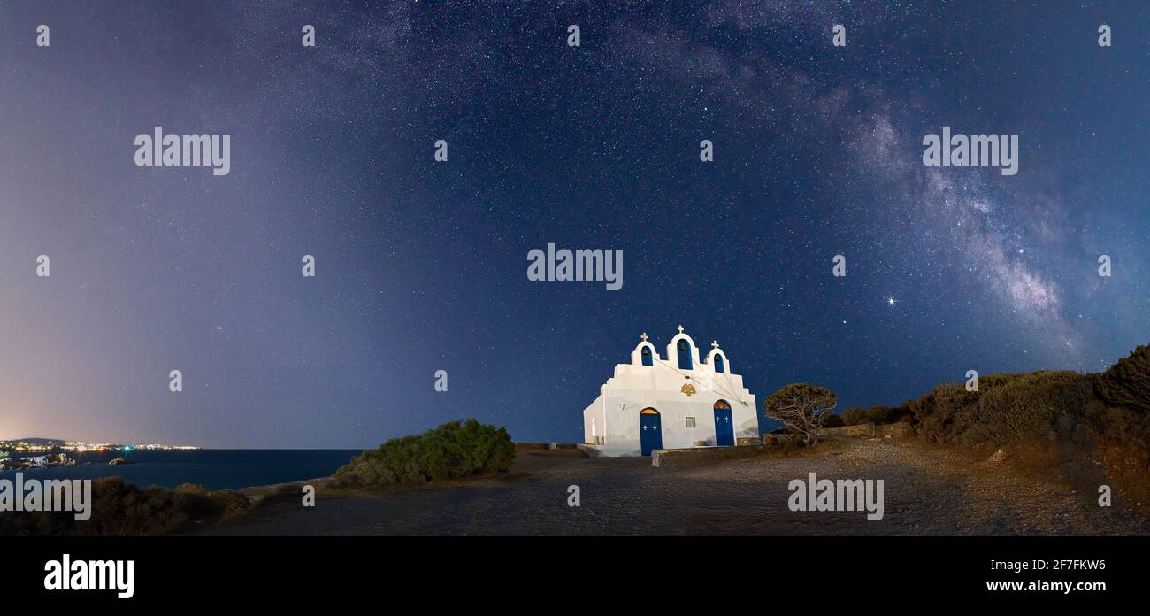Milky Way arches above Agios Georgios on Paros Island, Cyclades, Greek ...