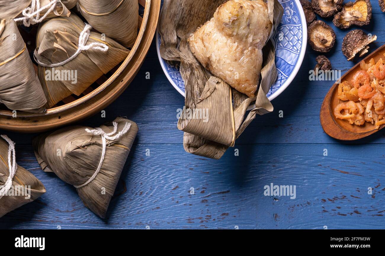Zongzi rice dumpling with ingredients top view for Chinese traditional ...
