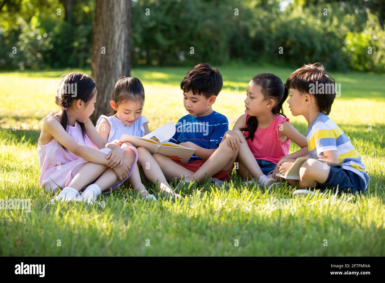 Happy children reading book on meadow Stock Photo - Alamy