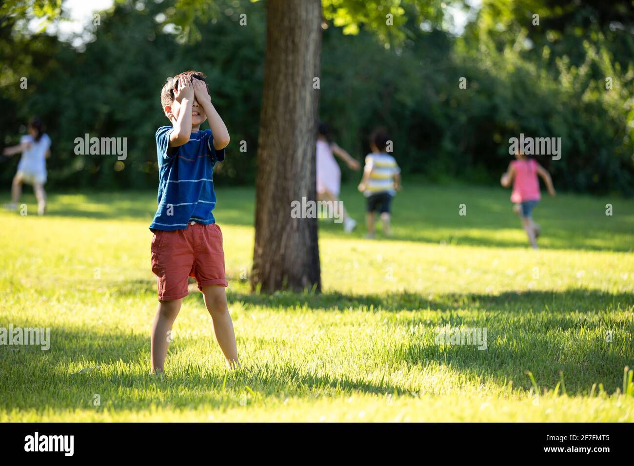 Happy children playing hide and seek on meadow Stock Photo - Alamy