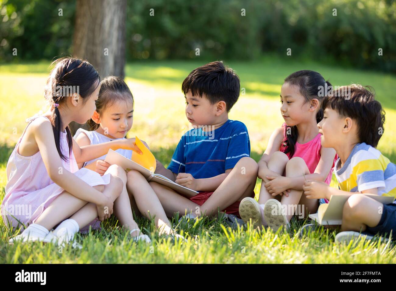Happy children reading book on meadow Stock Photo - Alamy