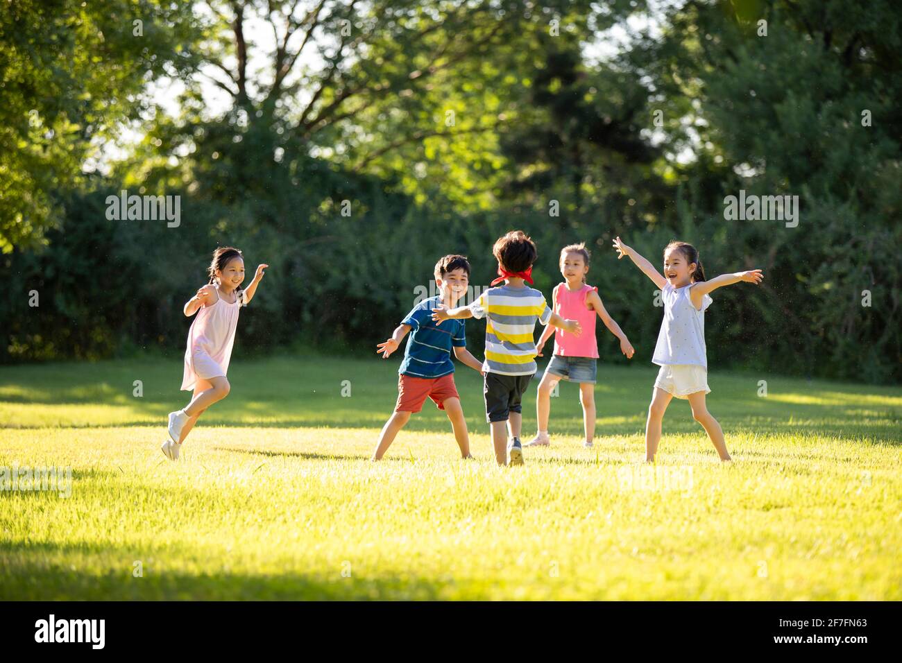 Happy children playing hide and seek on meadow Stock Photo - Alamy