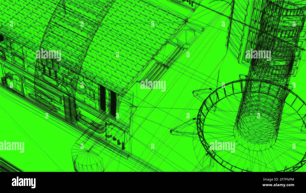3d rendering - wire frame model of industrial buildings on green screen ...