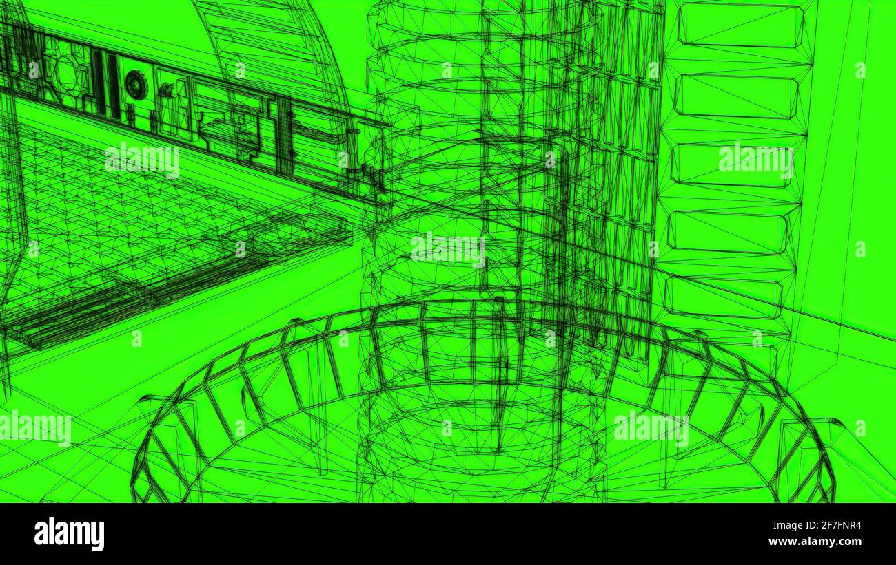 3d rendering - wire frame model of industrial buildings on green screen ...