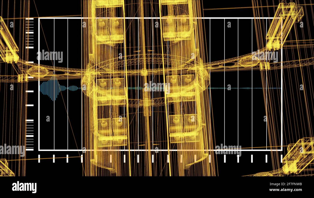 3d rendering - wire frame model of industrial buildings and HUD Element ...