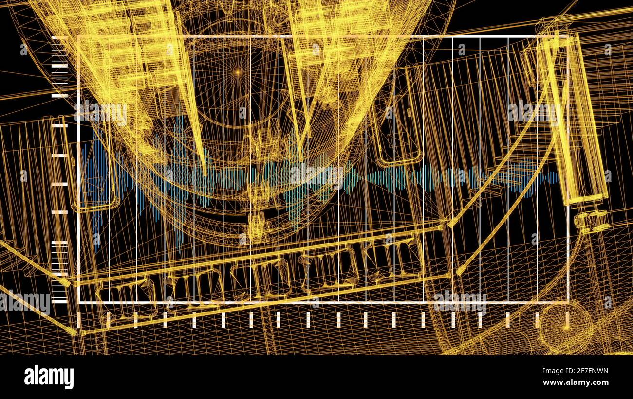 3d rendering - wire frame model of industrial buildings and HUD Element ...