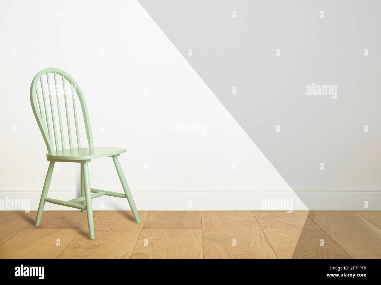 Empty room interior with white wall background and wooden floor. Chair ...