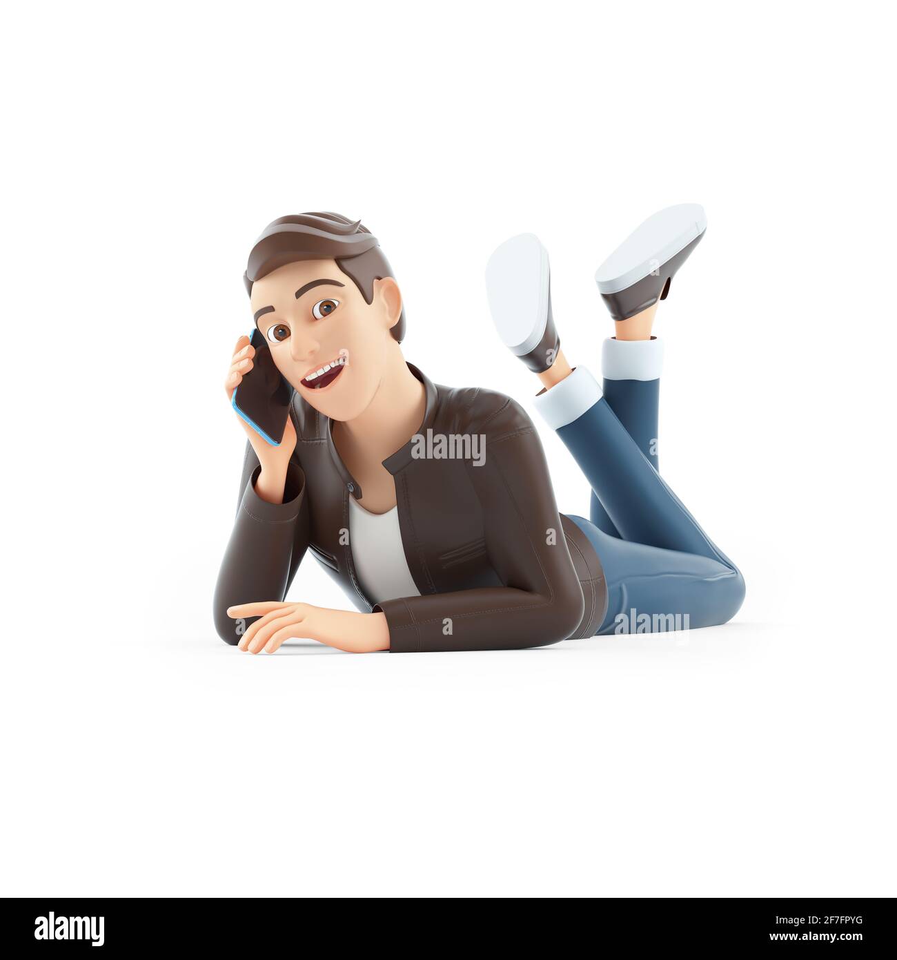 3d cartoon man talking on phone and lying down on floor, illustration ...