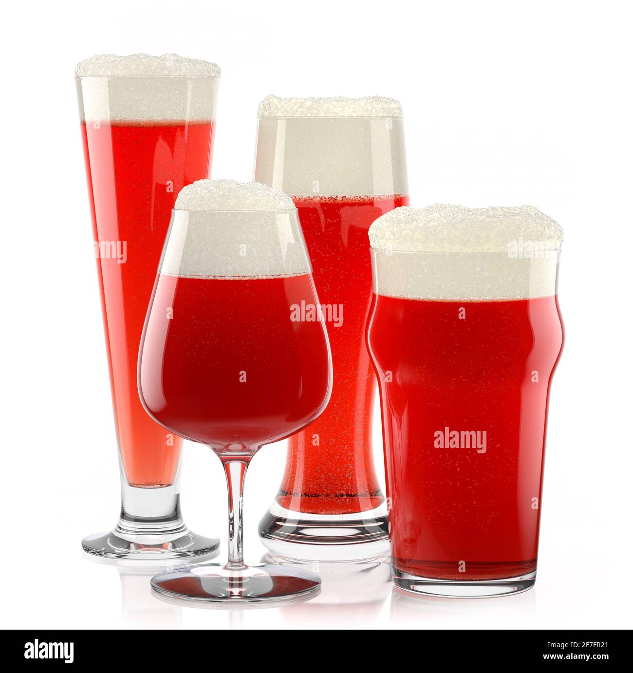 Set of fresh draft beer glasses with bubble froth isolated on white ...