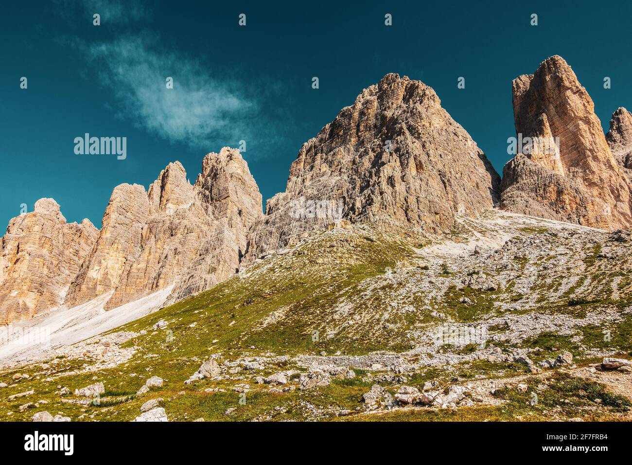 Panoramic view of the Sexten Dolomites in Italy. View of the Three ...