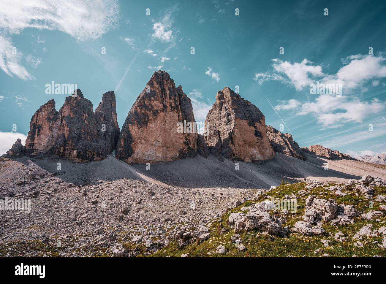 Panoramic view of the Sexten Dolomites in Italy. View of the Three ...