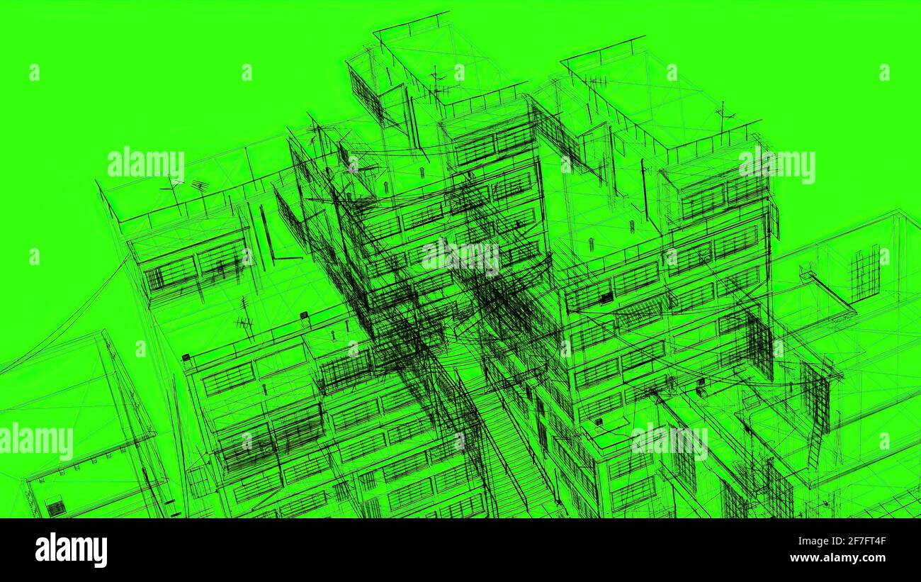 3d rendering - wire frame model of industrial buildings on green screen ...