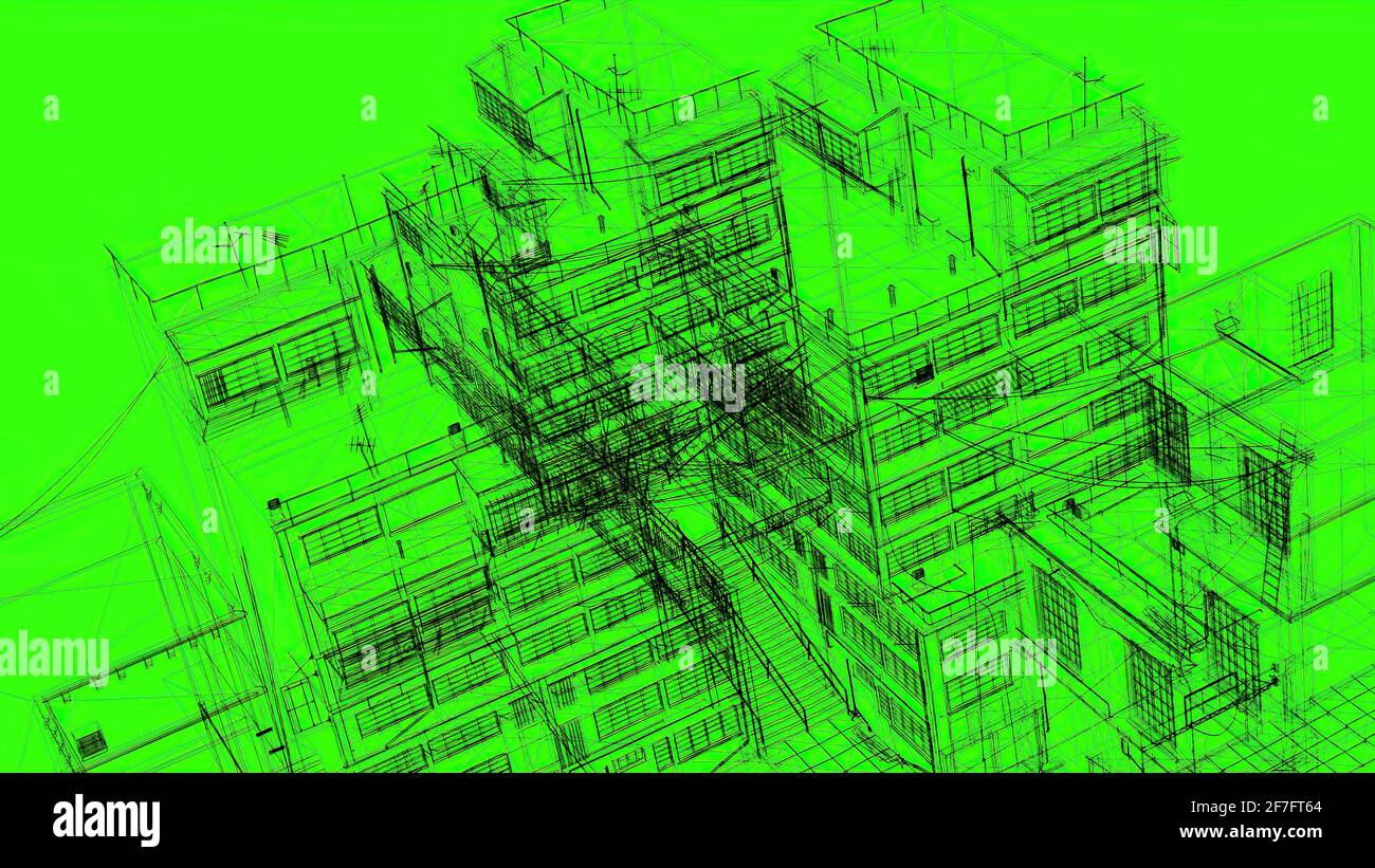 3d rendering - wire frame model of industrial buildings on green screen ...