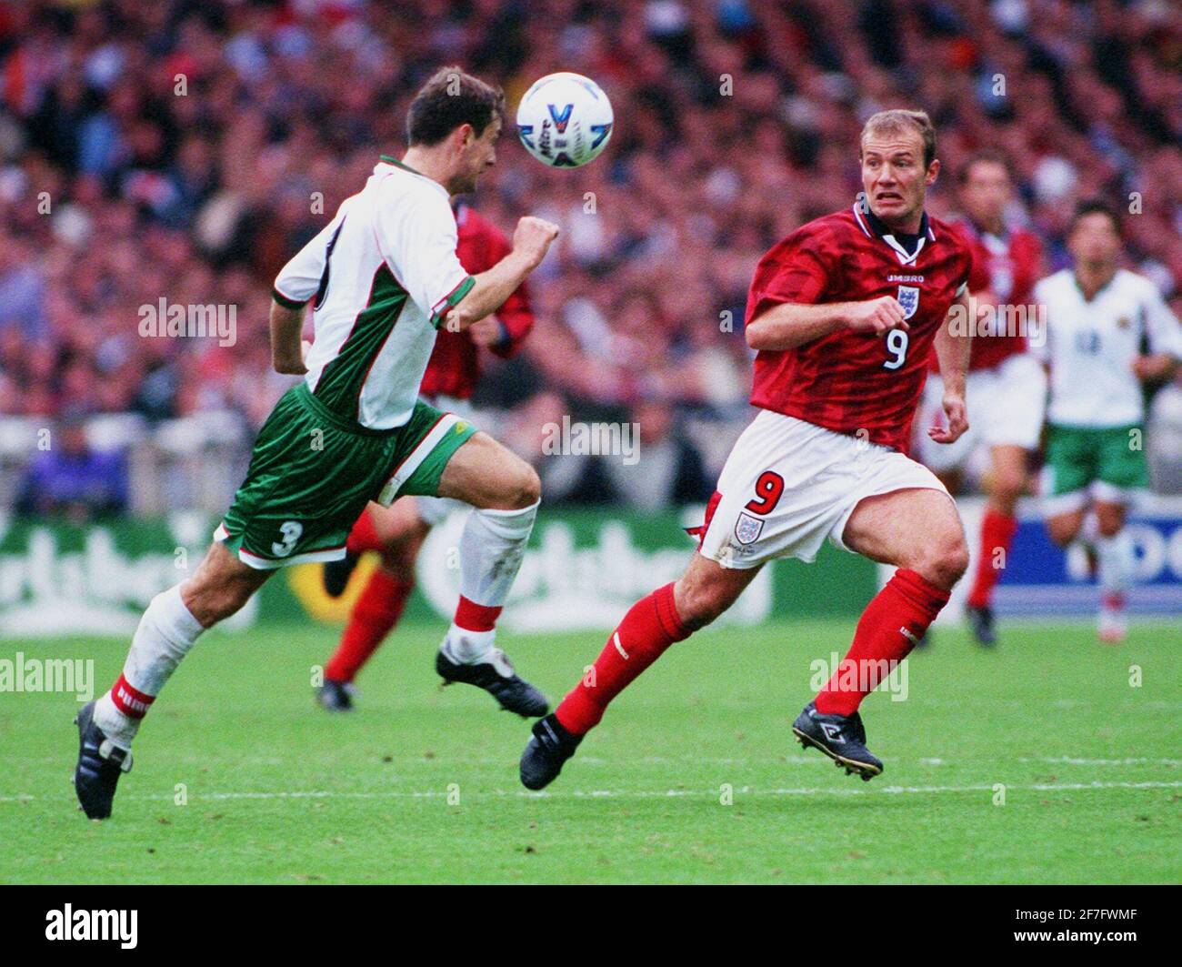 England's Alan Shearer in England v Bulgaria October 1998races to stay ...