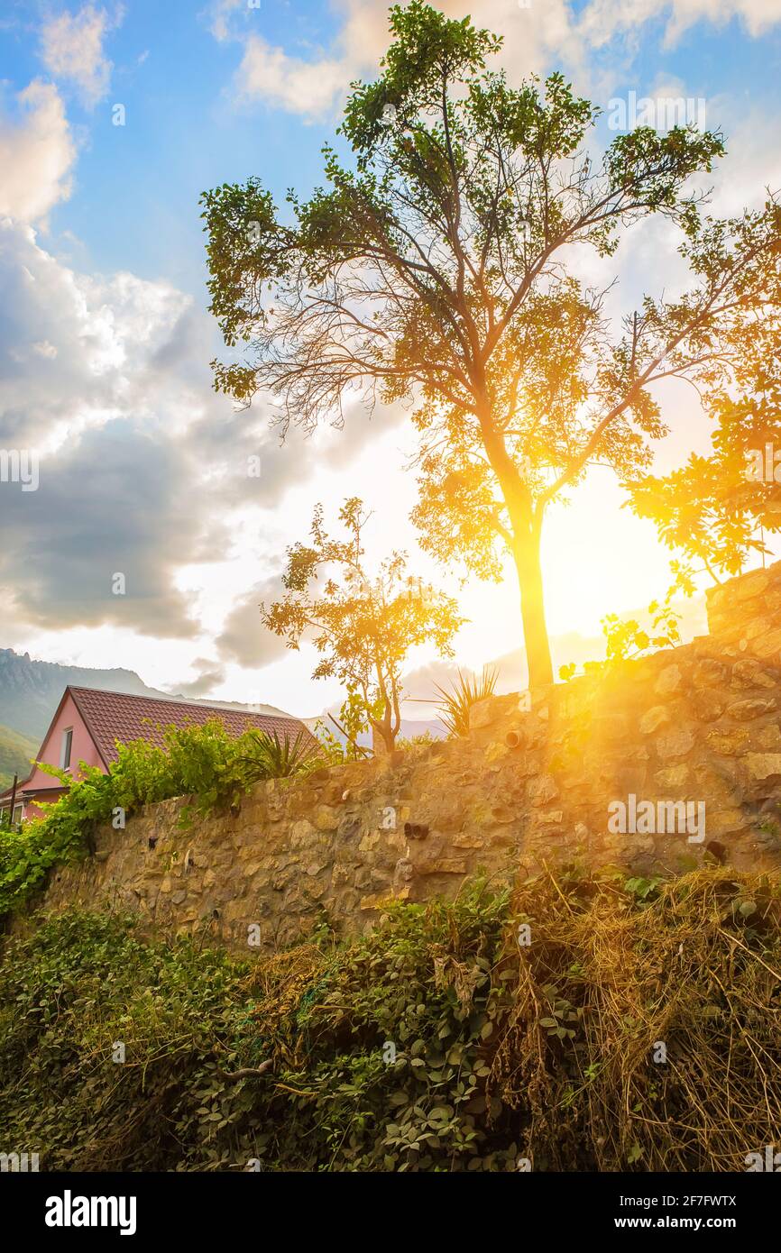 beautiful landscape with a house with stone fence and tree sky Stock ...