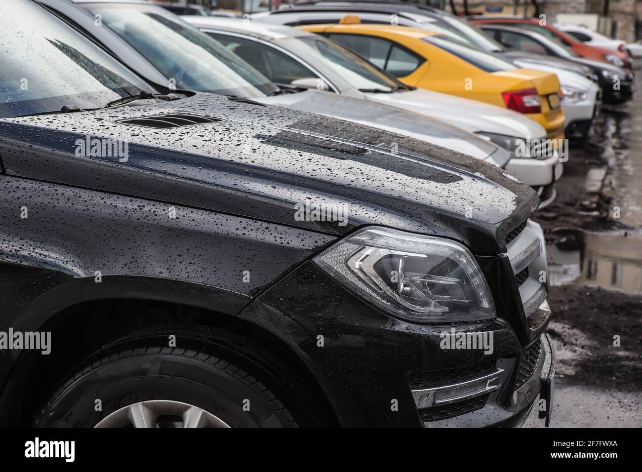 Modern cars are parked in a parking lot in row. Close-up. Concept of ...