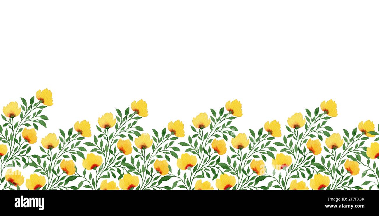 Spring floral seamless border isolated on white, watercolor hand ...