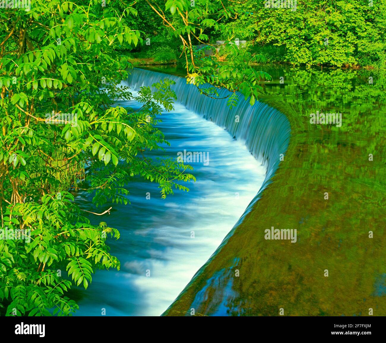 UK, Derbyshire, river Wye, weir, spring Stock Photo - Alamy