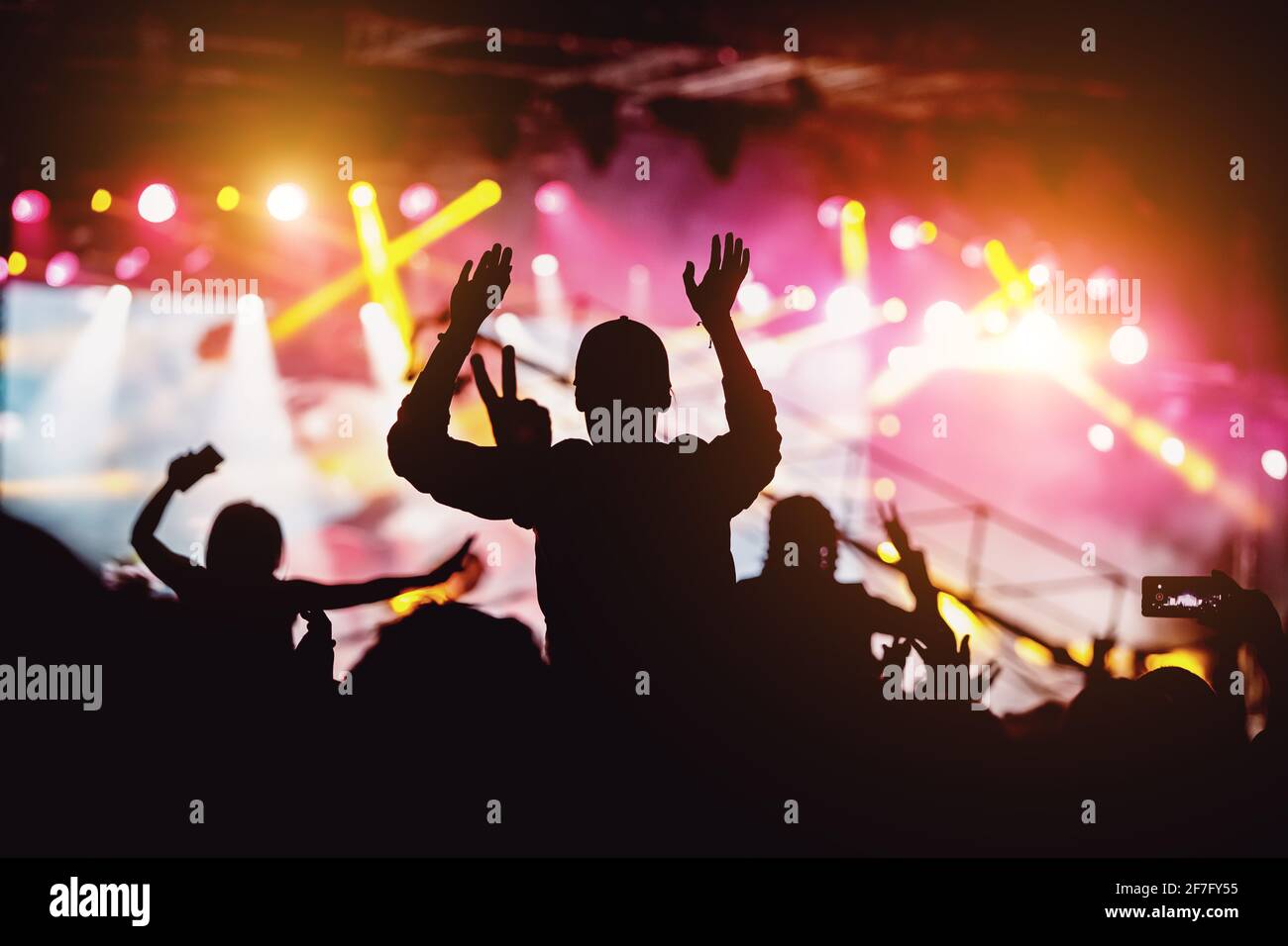 People with raised hands, silhouettes of concert crowd in front of ...