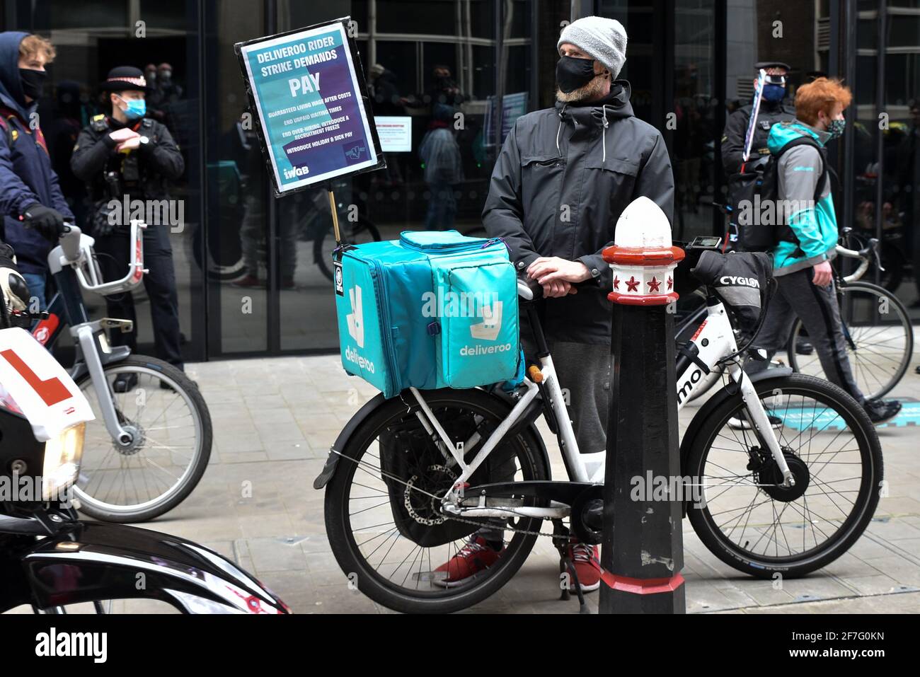 Cannon Street, London, UK. 7th Apr 2021. Deliveroo riders go on strike ...