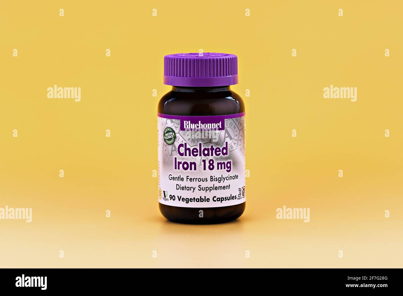 close-up of Chelated Iron capsules in the jar. dietary concept. dietary ...