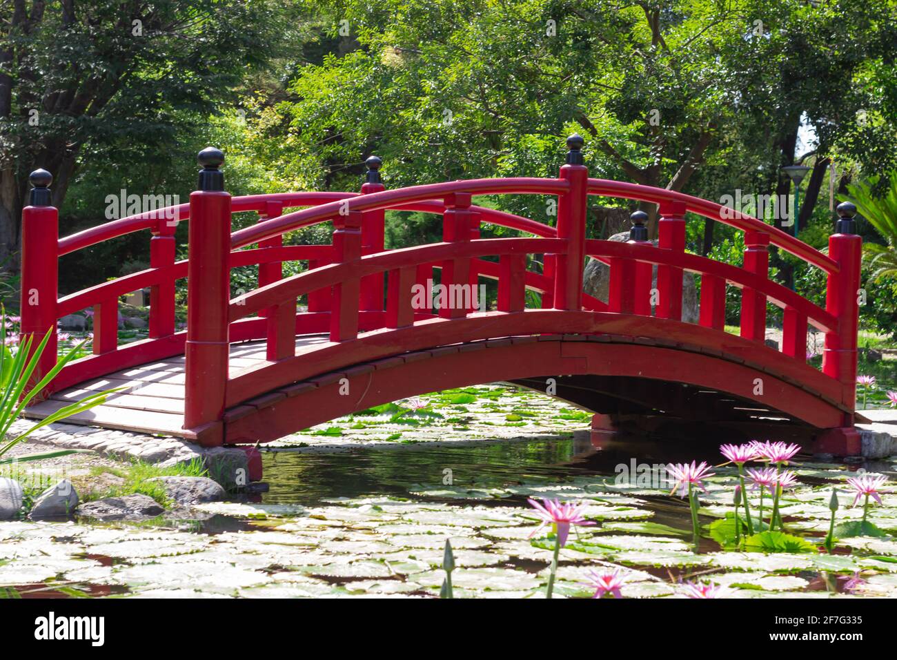 Little red bridge in a city park on a sunny day Stock Photo - Alamy