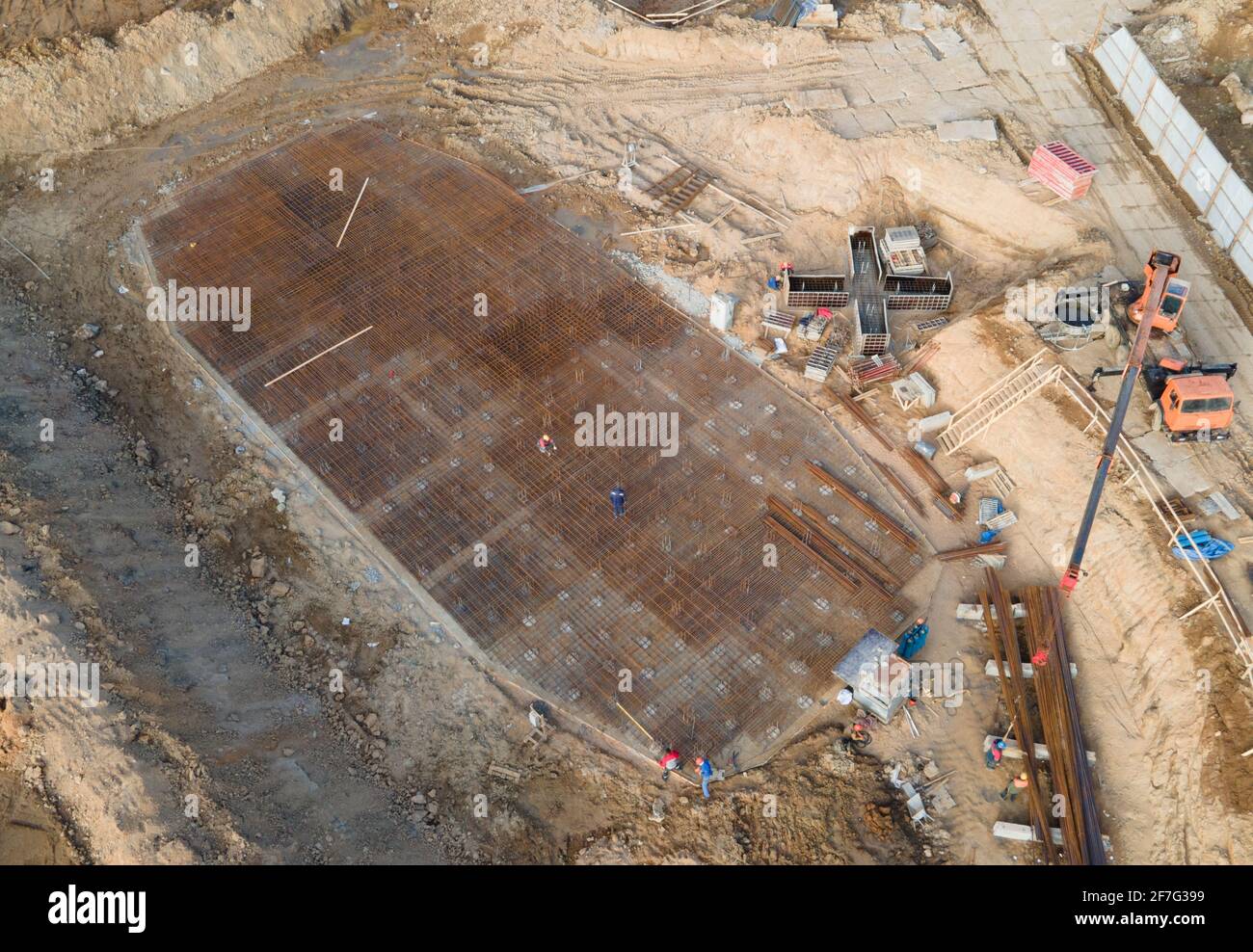 Aerial view of a сonstruction site with foundation pit for monolithic ...