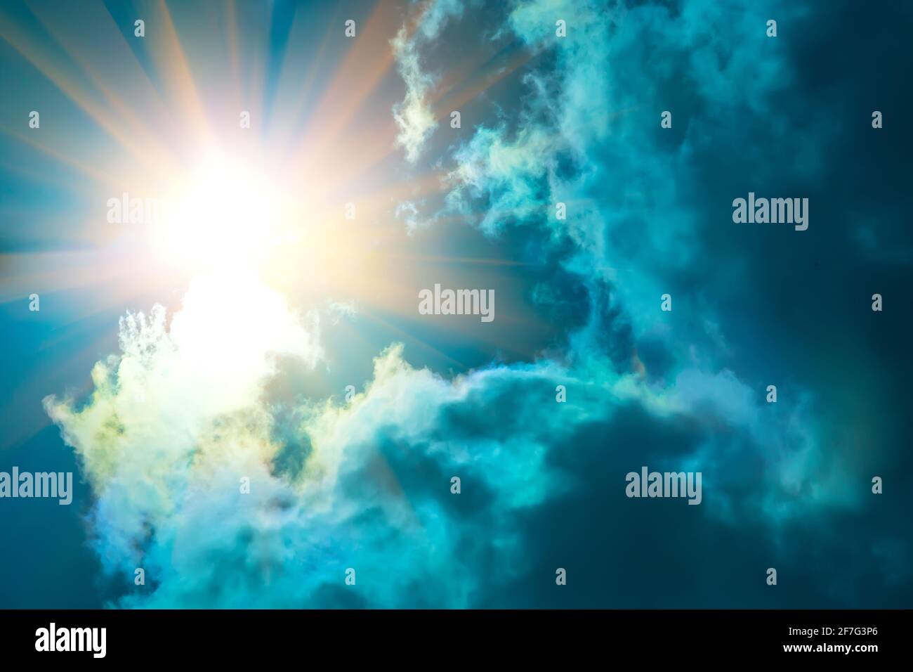 Bright rays of sun shining in blue sky. Clouds. Background Stock Photo ...