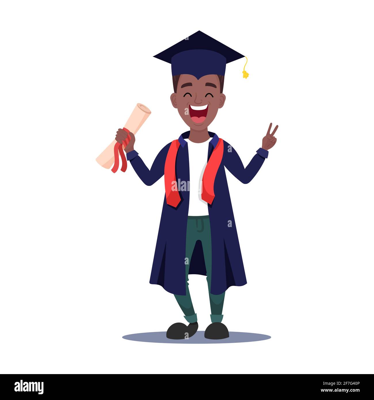 Graduate Afro-American boy smiling and wearing a black academic robe ...
