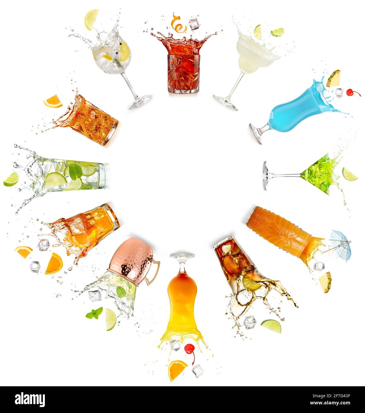 splashing cocktails set in a circle isolated on white background Stock ...