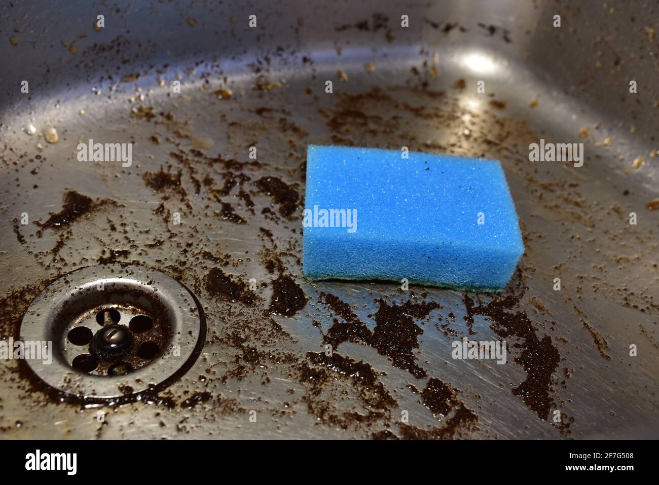 Sponge with detergent and foam while washing the sink in the kitchen ...