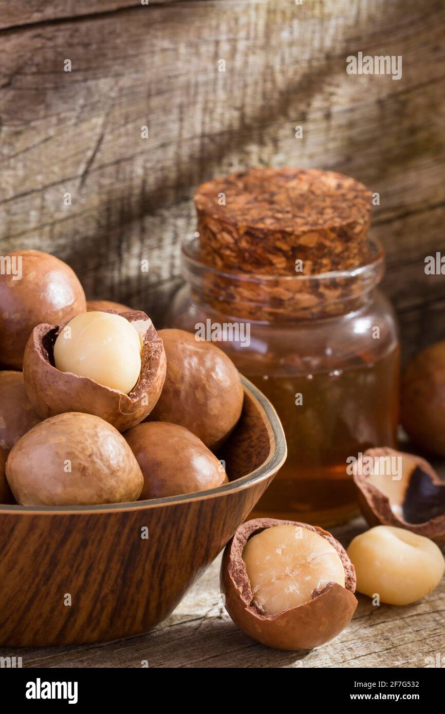 Macadamia nuts and oil - Macadamia integrifolia Stock Photo - Alamy
