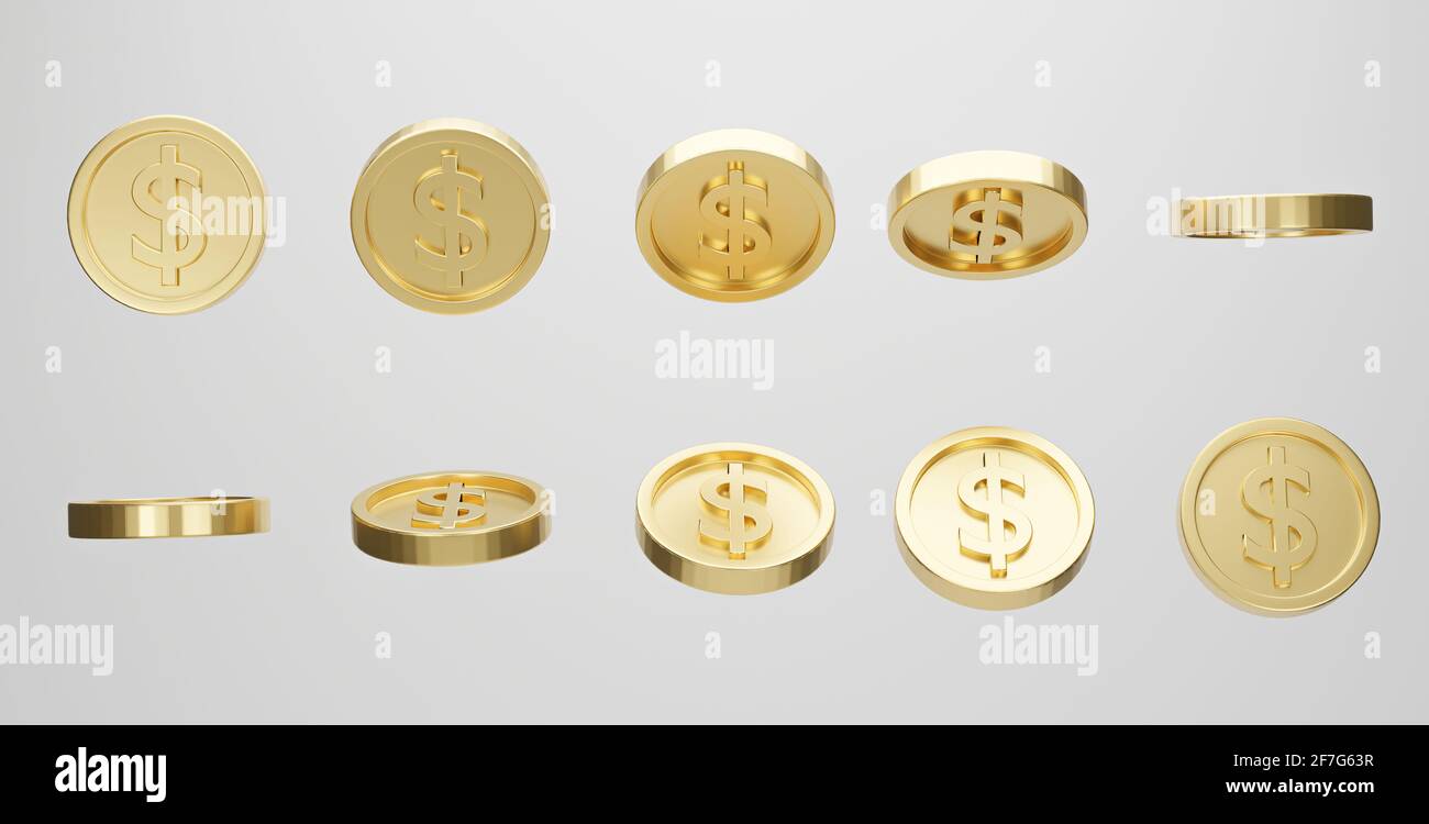 Set of golden coin with dollar sign in different shape on white ...