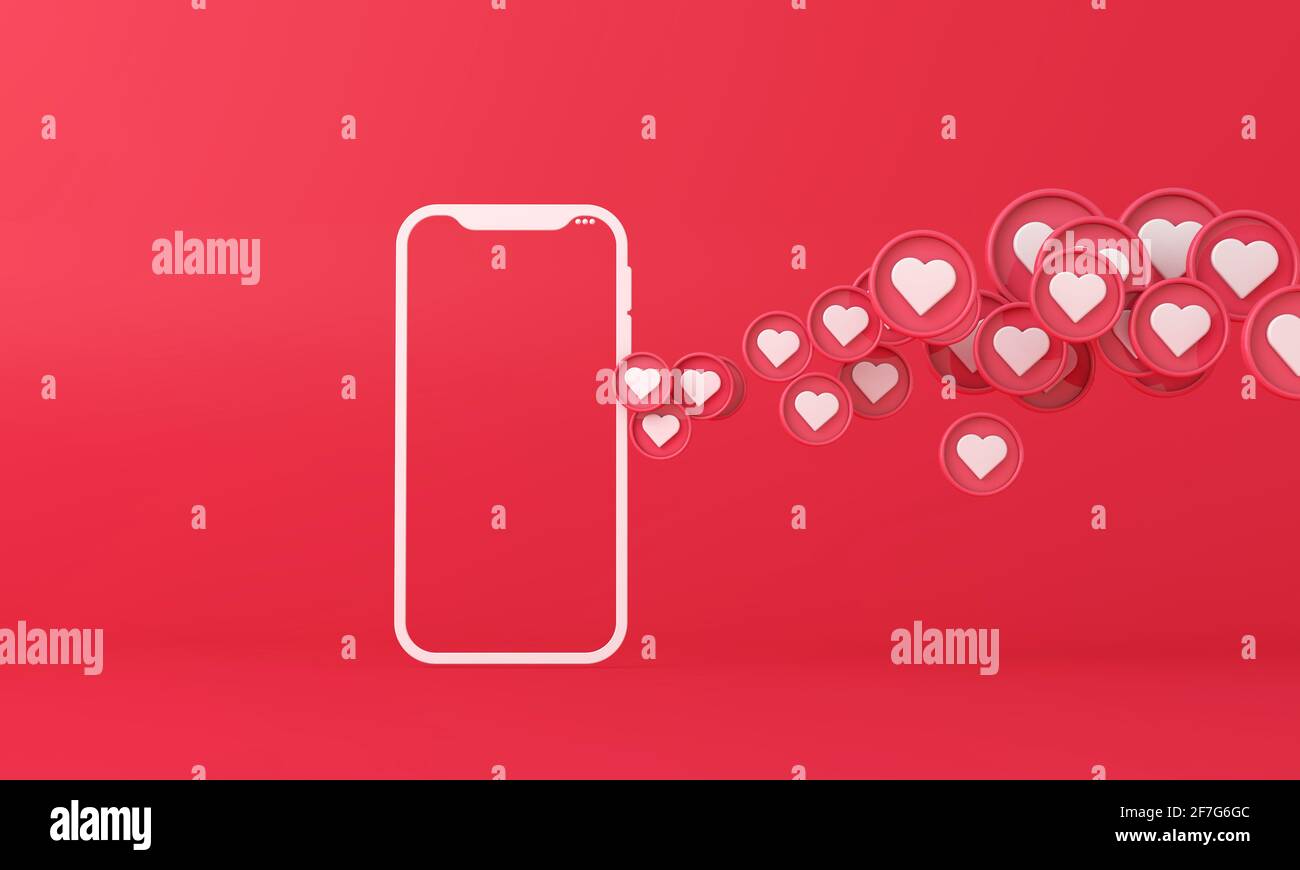 Social media love notification icons flowing from a smartphone. 3D ...