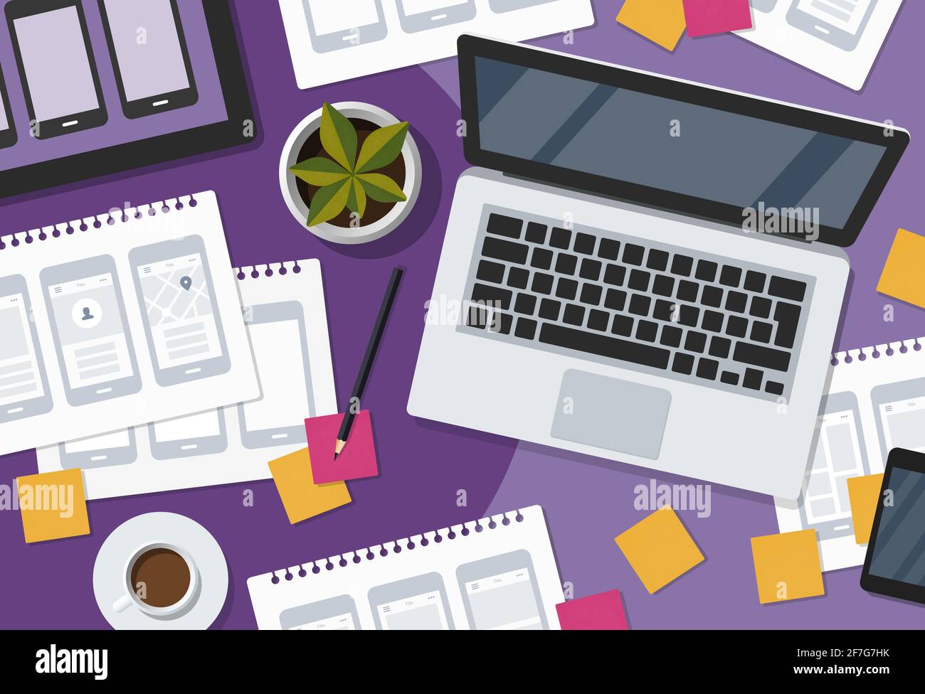 Flat lay illustration of a busy UX UI designer desk with mobile app ...