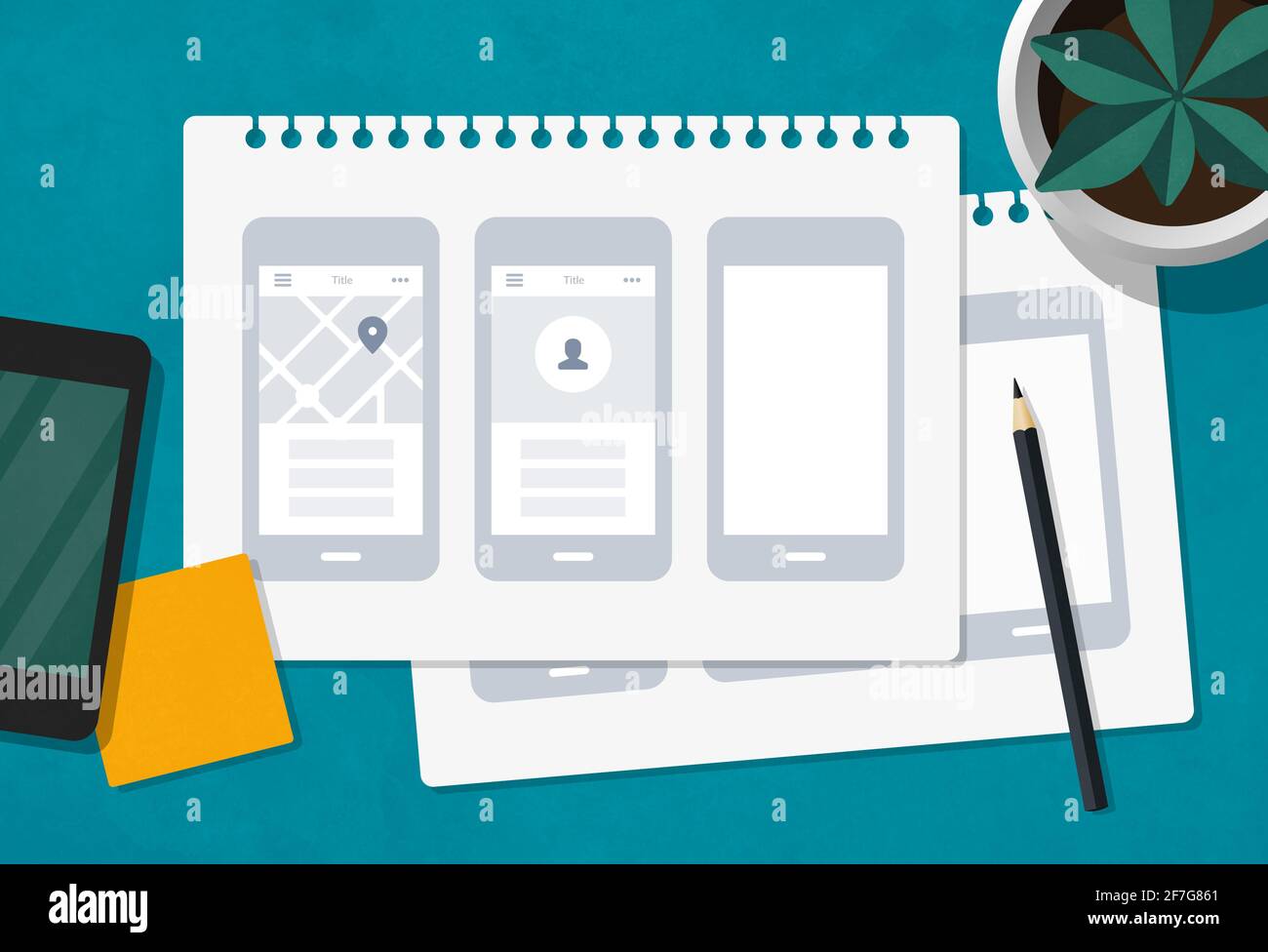 Flat lay illustration of mobile app wireframe sketches over UX UI ...