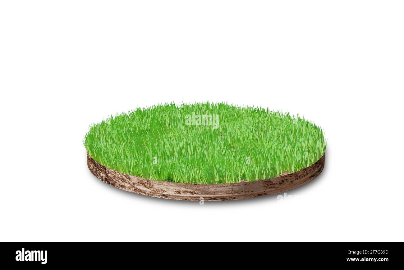 Soil round cross section with grass isolated on white background. 3D ...