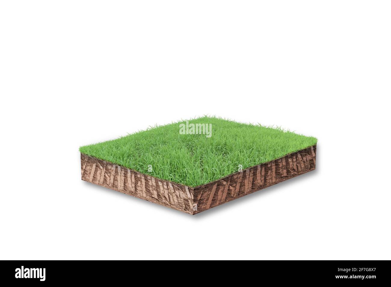 3D render. Soil cubical cross section with green grass isolated on ...
