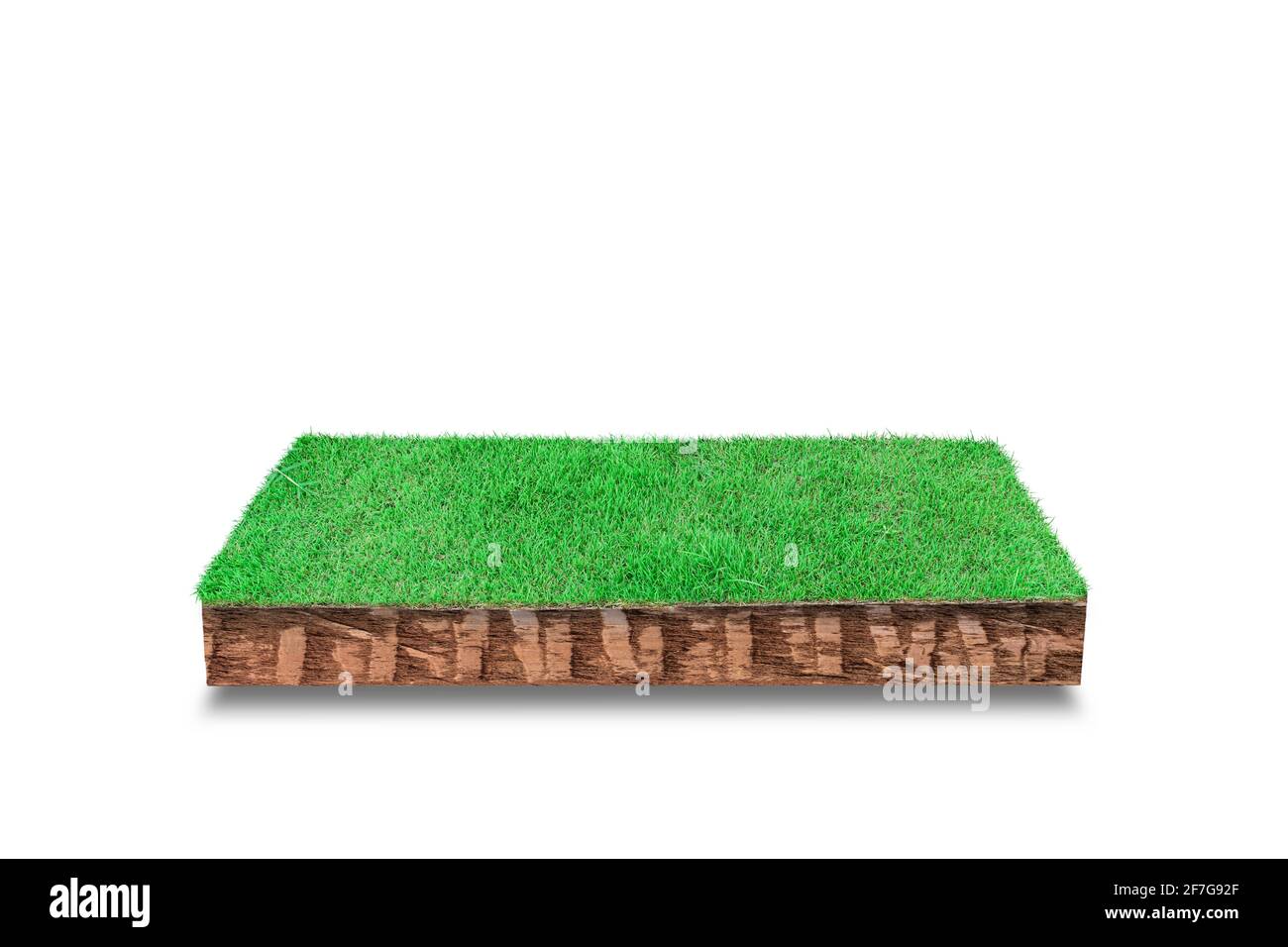 3D render. Soil cubical cross section with green grass isolated on ...