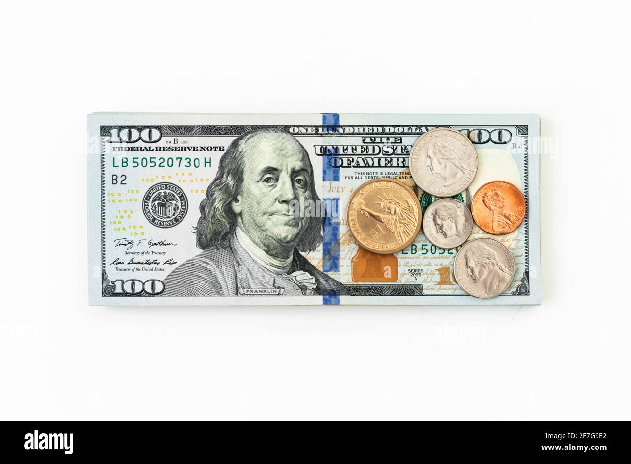 US money banknotes. Coins and 100 dollar bills Stock Photo - Alamy