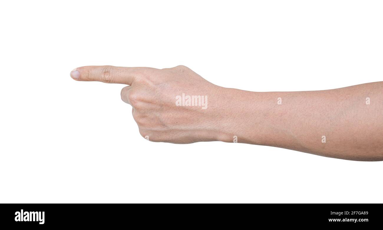 Man hand pointing at something Isolated on white background with ...